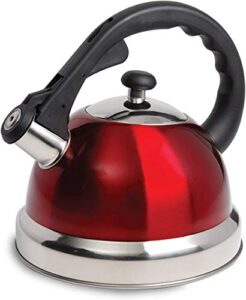 mr coffee claredale stainless steel whistling tea kettle, 2.2-quart.metallic red