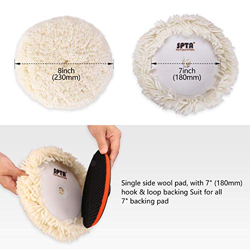 Wool Polishing Pads, SPTA 8"(200mm) 100% Natural Wool Buffing Pad with Hook & Loop Backing 4pcs Set Come with 5/8-11 Thread Backing Plate for Car Polishing, Buffing and Cutting