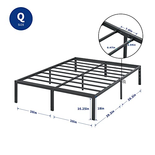 Olee Sleep 18 Inch Heavy Duty Steel Slat Anti-Slip Support, Easy Assembly Platform Bed frame, Noise Free Steel Mattress Foundation, Maximum Storage, No Box Spring Needed, Black, Queen Size