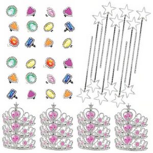 neliblu princess pretend play dress up set - 12 tiaras, 12 wands, 24 rings, costume jewelry, accessories for girls dress up party, ages 3-5