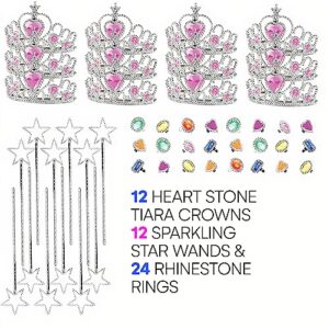 Neliblu Princess Pretend Play Dress Up Set - 12 Tiaras, 12 Wands, 24 Rings, Costume Jewelry, Accessories for Girls Dress Up Party, Ages 3-5