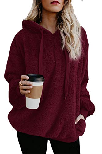 ReachMe Womens Oversized Sherpa Pullover Hoodie with Pockets Fuzzy Fleece Sweatshirt Tie Dye Fluffy Coat(A Burgundy,M)