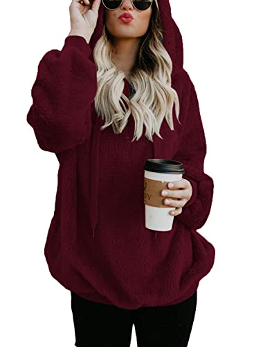 ReachMe Womens Oversized Sherpa Pullover Hoodie with Pockets Fuzzy Fleece Sweatshirt Tie Dye Fluffy Coat(A Burgundy,M)