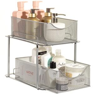 sorbus 2 tier under the sink organizer baskets with mesh sliding drawers —ideal for cabinet, countertop, pantry, and desktop, for bathroom, kitchen, office, etc.—made of steel (silver)