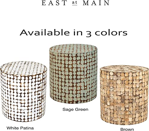 East at Main Round Side Table - 16”Dia x 16.5” h Living Room, Entryway, Small Spaces, Bedside Tables - Real Coconut Shell Mosaic Inlaid, Pre-Assembled, White Patina Finish