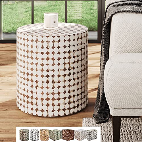 East at Main Round Side Table - 16”Dia x 16.5” h Living Room, Entryway, Small Spaces, Bedside Tables - Real Coconut Shell Mosaic Inlaid, Pre-Assembled, White Patina Finish