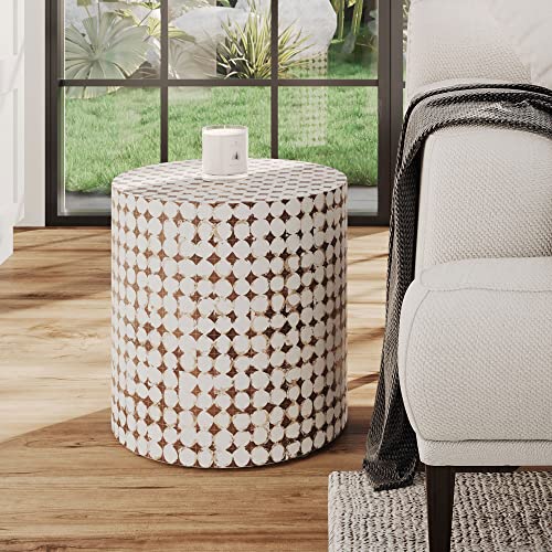 East at Main Round Side Table - 16”Dia x 16.5” h Living Room, Entryway, Small Spaces, Bedside Tables - Real Coconut Shell Mosaic Inlaid, Pre-Assembled, White Patina Finish