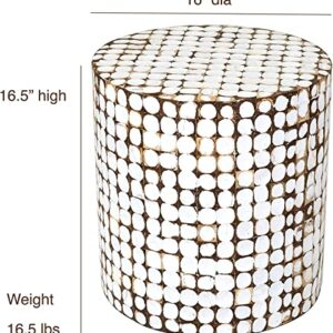 East at Main Round Side Table - 16”Dia x 16.5” h Living Room, Entryway, Small Spaces, Bedside Tables - Real Coconut Shell Mosaic Inlaid, Pre-Assembled, White Patina Finish