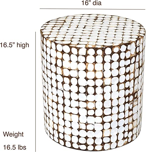 East at Main Round Side Table - 16”Dia x 16.5” h Living Room, Entryway, Small Spaces, Bedside Tables - Real Coconut Shell Mosaic Inlaid, Pre-Assembled, White Patina Finish