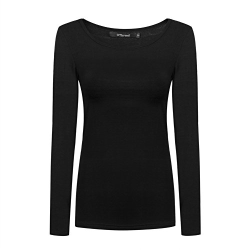 OThread & Co. Women's Long Sleeve T-Shirt Scoop Neck Basic Layer Stretchy Shirts (Medium, Black)