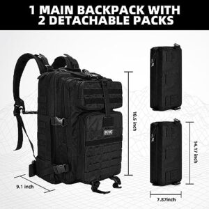 CRAZY ANTS Military Tactical Backpack with 2 Detachable Packs, Black Army Pack, Large Fieldline Molle Bag, Polyester Tactical Bag for Men and Women