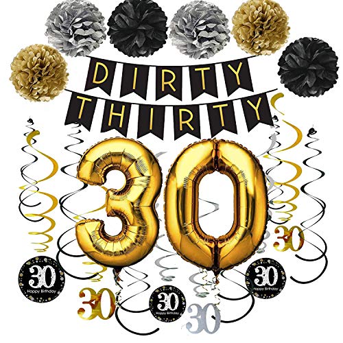 Dirty Thirty Banner with Pom Poms 30th Glittery Hanging Streamers 30 Years Old Balloons for 30th Happy Birthday Party Decorations Pack