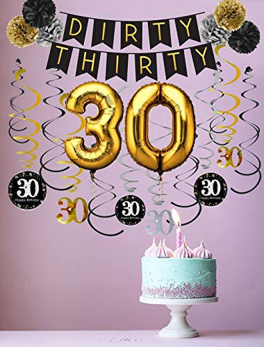 Dirty Thirty Banner with Pom Poms 30th Glittery Hanging Streamers 30 Years Old Balloons for 30th Happy Birthday Party Decorations Pack