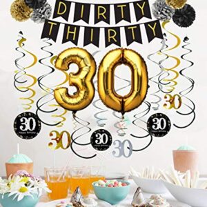 Dirty Thirty Banner with Pom Poms 30th Glittery Hanging Streamers 30 Years Old Balloons for 30th Happy Birthday Party Decorations Pack