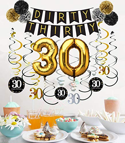 Dirty Thirty Banner with Pom Poms 30th Glittery Hanging Streamers 30 Years Old Balloons for 30th Happy Birthday Party Decorations Pack