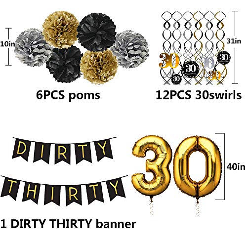 Dirty Thirty Banner with Pom Poms 30th Glittery Hanging Streamers 30 Years Old Balloons for 30th Happy Birthday Party Decorations Pack