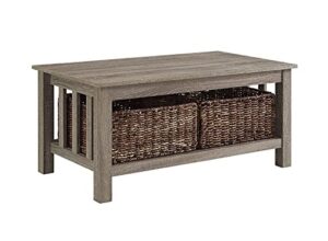 walker edison alayna mission style two tier coffee table with rattan storage baskets, 40 inch, driftwood