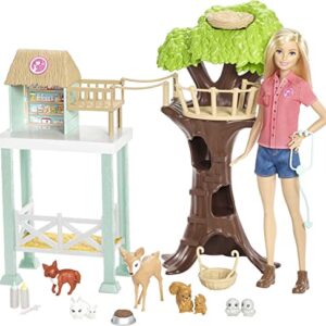 Barbie Doll & Playset, Animal Rescuer Theme with Vet Doll, 8 Animal Figures, Treehouse, Care Station, Rope Bridge & More (Amazon Exclusive)