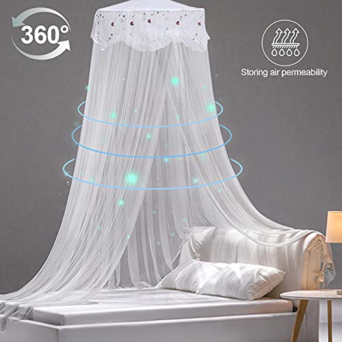 Jeteventy Bed Canopy, Princess Bed Curtain Net for Single to King Size,Bedroom Decoration of Round Lace Dome with Stainless Steel Hook,Quick Easy Installation (White)