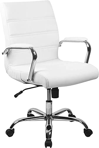 Flash Furniture Whitney Mid-Back Desk Chair - White LeatherSoft Executive Swivel Office Chair with Chrome Frame - Swivel Arm Chair