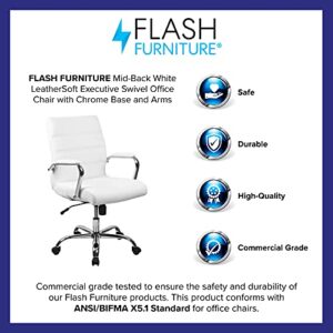 Flash Furniture Whitney Mid-Back Desk Chair - White LeatherSoft Executive Swivel Office Chair with Chrome Frame - Swivel Arm Chair