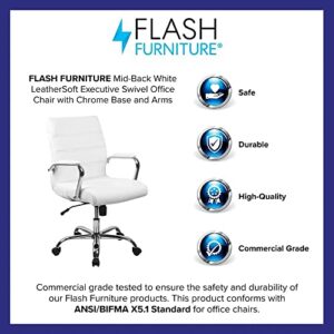 Flash Furniture Whitney Mid-Back Desk Chair - White LeatherSoft Executive Swivel Office Chair with Chrome Frame - Swivel Arm Chair