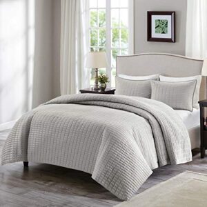 comfort spaces kienna quilt set-luxury double sided stitching design summer blanket, lightweight, soft, all season bedding layer, matching sham, gray, coverlet full/queen(90"x90") 3 piece