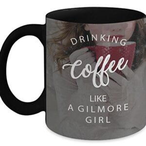 Vitazi Kitchenware Gilmore Girls Gift (15 oz) Drinking Coffee Like a Gilmore Girl Mugs With Quotes and Sayings, Ceramic Coffee Mug - With Image (Black)