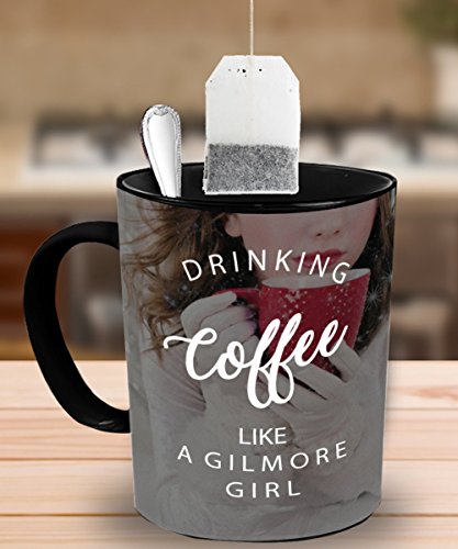 Vitazi Kitchenware Gilmore Girls Gift (15 oz) Drinking Coffee Like a Gilmore Girl Mugs With Quotes and Sayings, Ceramic Coffee Mug - With Image (Black)