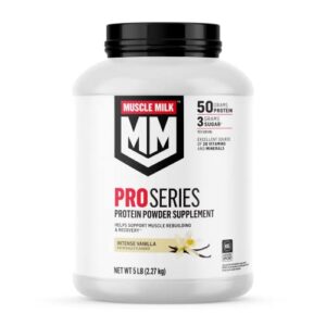 muscle milk pro series protein powder supplement, intense vanilla, 5 pound, 28 servings, 50g protein, 3g sugar, 20 vitamins & minerals, nsf certified for sport, workout recovery, packaging may vary