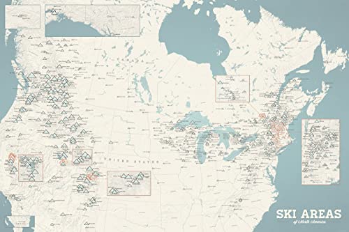 North America Ski Resorts Map 24x36 Poster (Beige & Opal Blue)