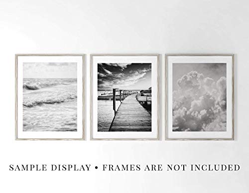 LISA RUSSO FINE ART Black and White Wall Art Set of 3 5x7” Prints, Unframed, Black and White Minimalist Ocean, Clouds, Nautical Pictures for Office, Bedroom, Bathroom Walls