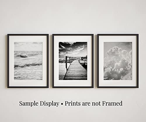 LISA RUSSO FINE ART Black and White Wall Art Set of 3 5x7” Prints, Unframed, Black and White Minimalist Ocean, Clouds, Nautical Pictures for Office, Bedroom, Bathroom Walls