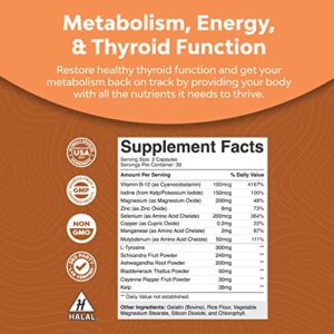 Herbal Thyroid Support Complex - Iodine Thyroid Supplement with L Tyrosine Bladderwrack Kelp Selenium and Ashwagandha - Mood Enhancer Energy Supplement for Thyroid Health - 60 Halal Capsules