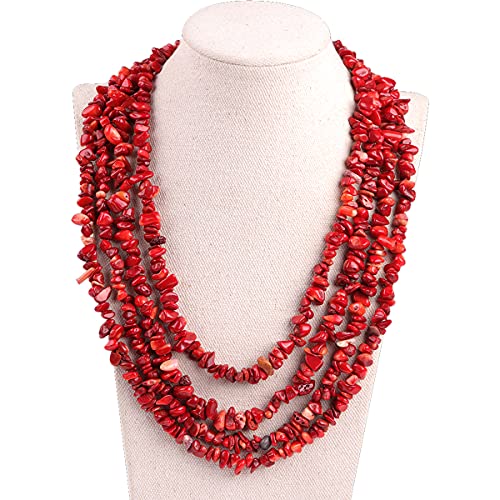 GEM-Inside Red Coral Chips Dyed Fashion Bohemia Necklace for Women Fashion Loose Beads for Jewelry Making Stand String Beaded Necklace 18-21 inches