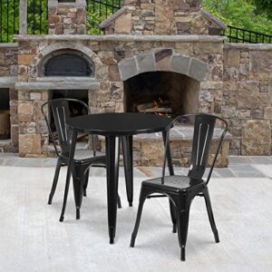 flash furniture commercial grade 30" round black metal indoor-outdoor table set with 2 cafe chairs