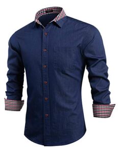 coofandy men's casual slim fit button down closure long sleeve dress shirt, 02-dark blue, medium