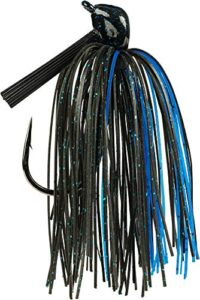 strike king (tgskj38-2) tour grade skipping jig fishing lure, 2 - black/blue, 3/8 oz, customized flat-sided head for smoother skipping