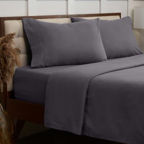 Mellanni Flannel Cotton Sheets for King Size Bed - Gentle Feeling on Skin - Grey Sheets King Size - Pill, Wrinkle & Shrink Resistant - Fitted Sheet, Flat Sheet & 2 Pillowcases (King, Gray)