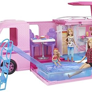 Barbie Camper Playset, Dreamcamper Toy Vehicle with 50 Accessories Including Furniture, Pool & Slide, Hammocks & Fireplace (Amazon Exclusive),Pink