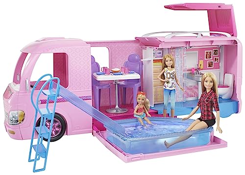 Barbie Camper Playset, Dreamcamper Toy Vehicle with 50 Accessories Including Furniture, Pool & Slide, Hammocks & Fireplace (Amazon Exclusive),Pink