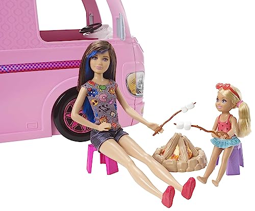 Barbie Camper Playset, Dreamcamper Toy Vehicle with 50 Accessories Including Furniture, Pool & Slide, Hammocks & Fireplace (Amazon Exclusive),Pink