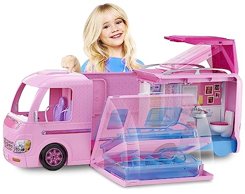 Barbie Camper Playset, Dreamcamper Toy Vehicle with 50 Accessories Including Furniture, Pool & Slide, Hammocks & Fireplace (Amazon Exclusive),Pink