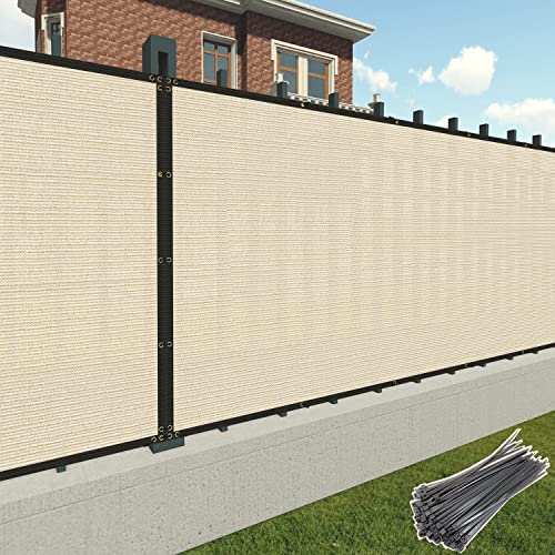 Patio 4' x 50' Fence Privacy Screen Beige Commercial Grade Heavy Duty Outdoor Backyard Shade Windscreen Mesh Fabric with Brass Gromment with Zipties