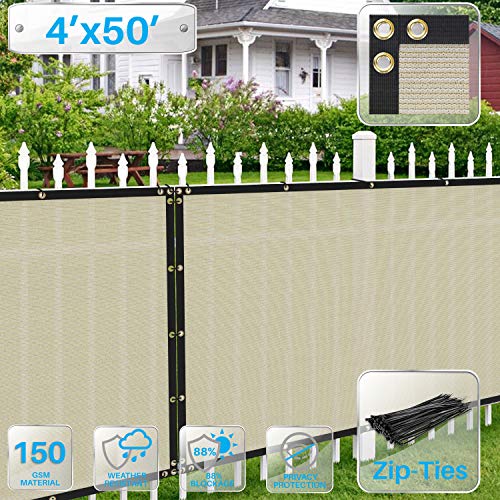 Patio 4' x 50' Fence Privacy Screen Beige Commercial Grade Heavy Duty Outdoor Backyard Shade Windscreen Mesh Fabric with Brass Gromment with Zipties