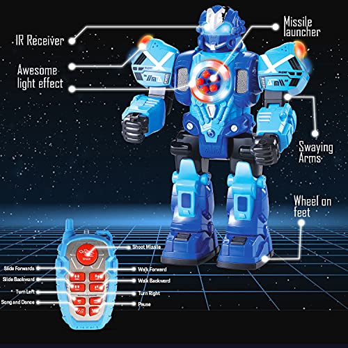 Large Remote Control Robot for Kids - 10 Channel RC Toys Shoots Missiles, Walks, Talks & Dances with Flashing Lights Sounds