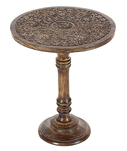 Deco 79 Mango Wood Floral Handmade Intricately Carved Accent Table, 17" x 17" x 21", Dark Brown