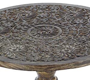 Deco 79 Mango Wood Floral Handmade Intricately Carved Accent Table, 17" x 17" x 21", Dark Brown