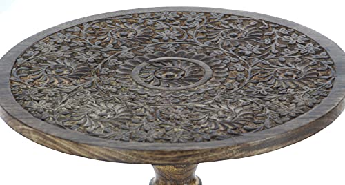 Deco 79 Mango Wood Floral Handmade Intricately Carved Accent Table, 17" x 17" x 21", Dark Brown