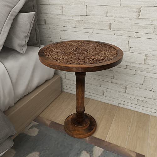 Deco 79 Mango Wood Floral Handmade Intricately Carved Accent Table, 17" x 17" x 21", Dark Brown